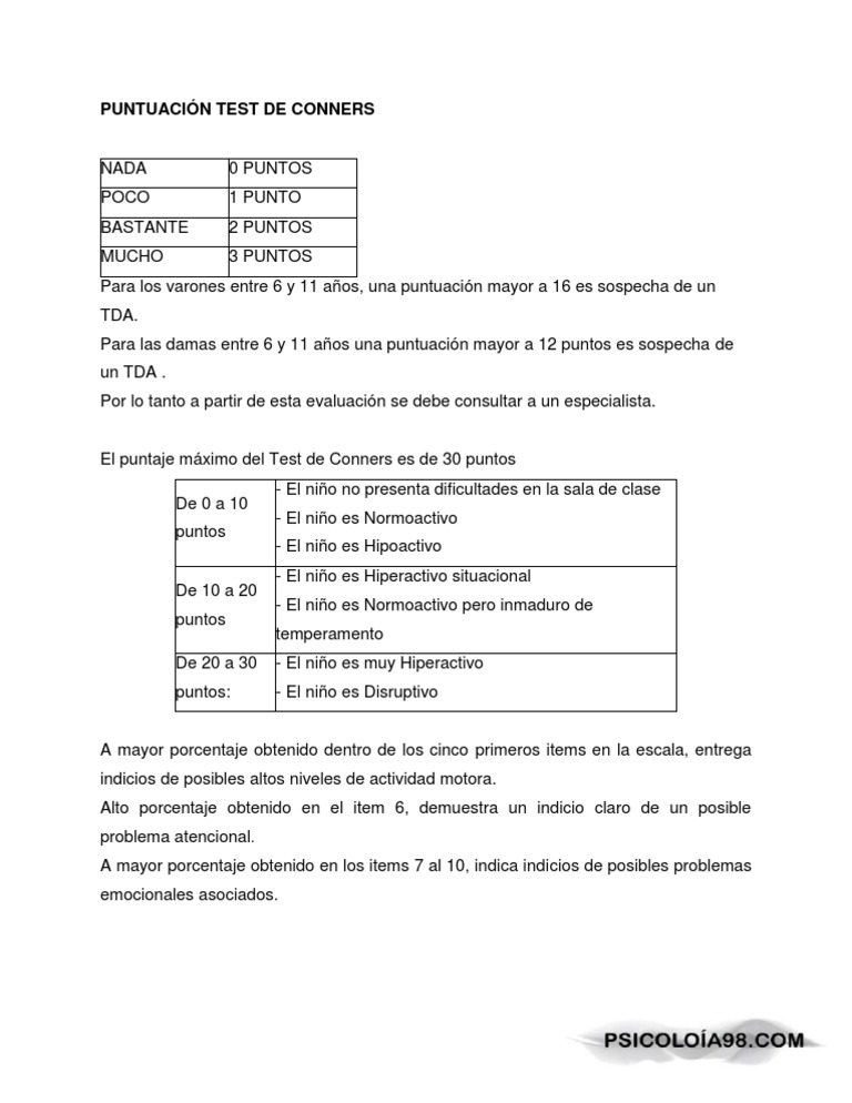 Test Conners (Interpretación) | Ciencias del comportamiento | Neurociencia