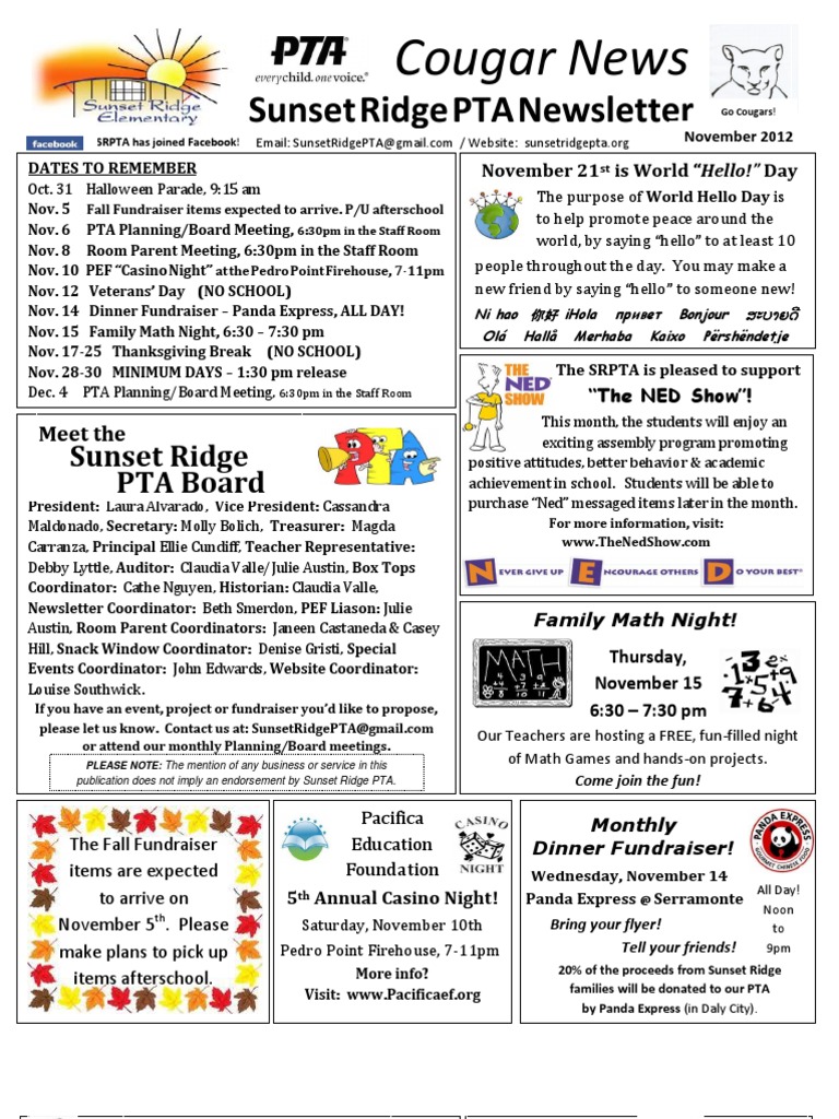 Sunset Ridge PTA November Newsletter | PDF | Clothing | Business