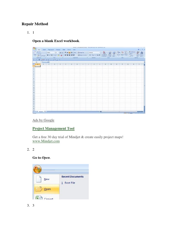 Repair Method: Open A Blank Excel Workbook | PDF | Microsoft Excel ...