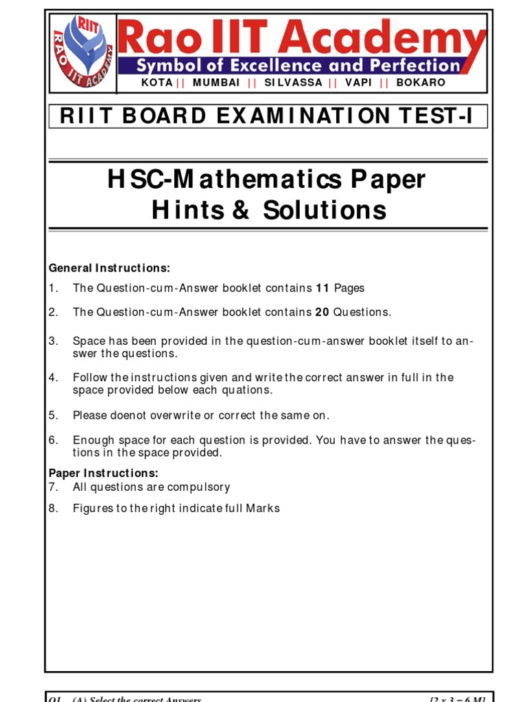 (Final) HSC-Maths Board Question Paper With Solutions | PDF | Plane ...