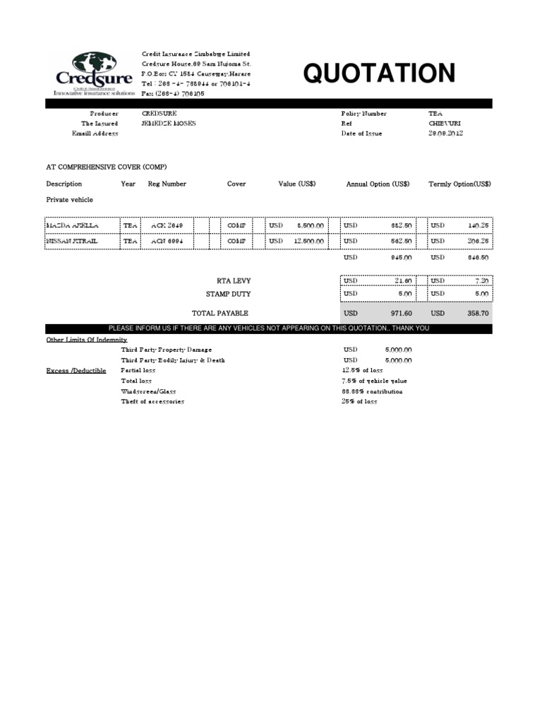 Comprehensive Vehicle Insurance Quote | PDF