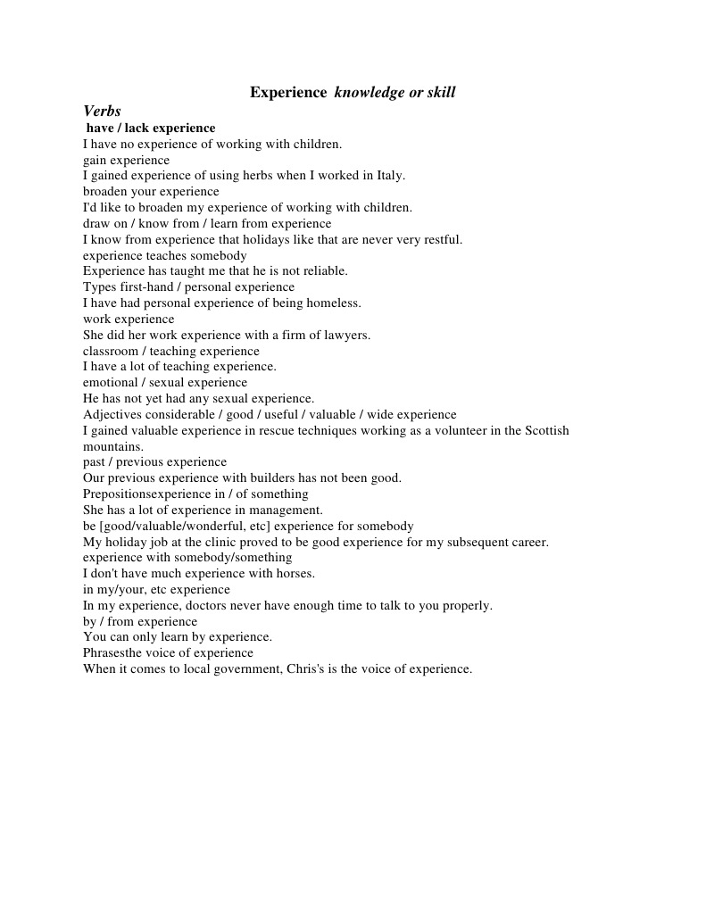 Essential Verbs and Phrases for Experience | PDF | Self-Improvement ...