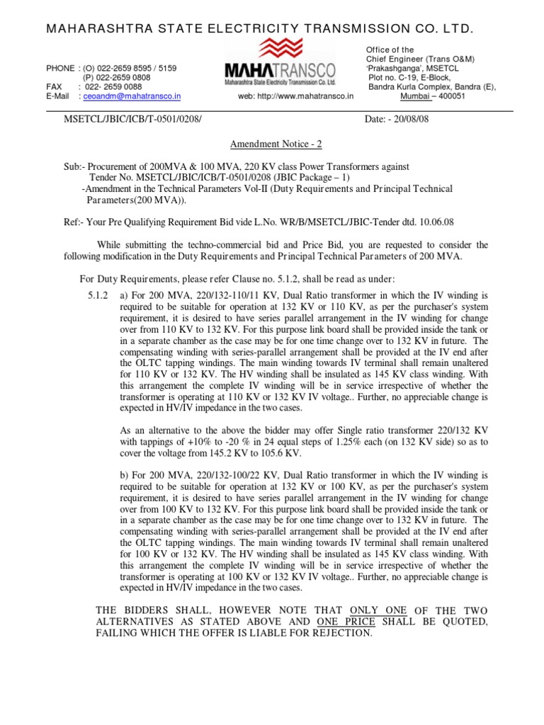 MSETCL Power Transformer Tender Amendment | PDF | Transformer | Electronics