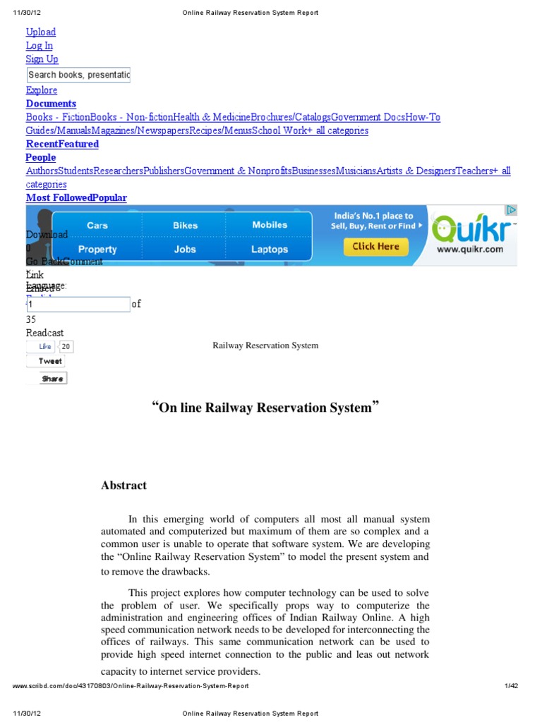 Online Railway Reservation System Report | PDF | Download | Scribd