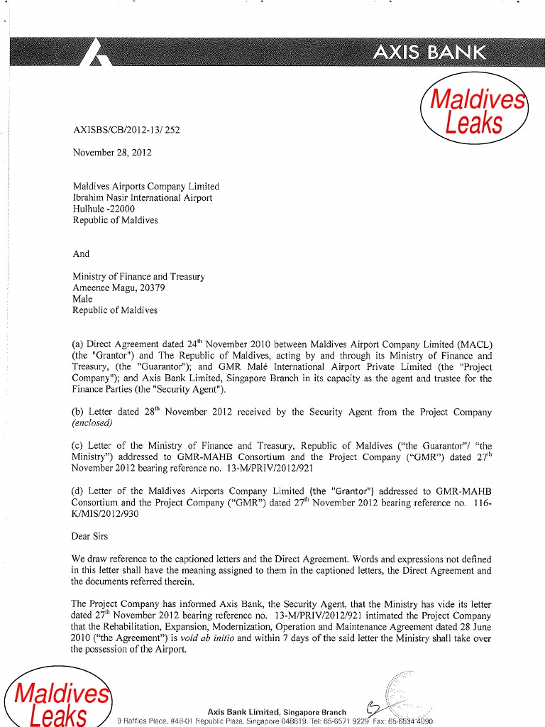 Axis Bank Letter To MACL, Maldives Govt | PDF