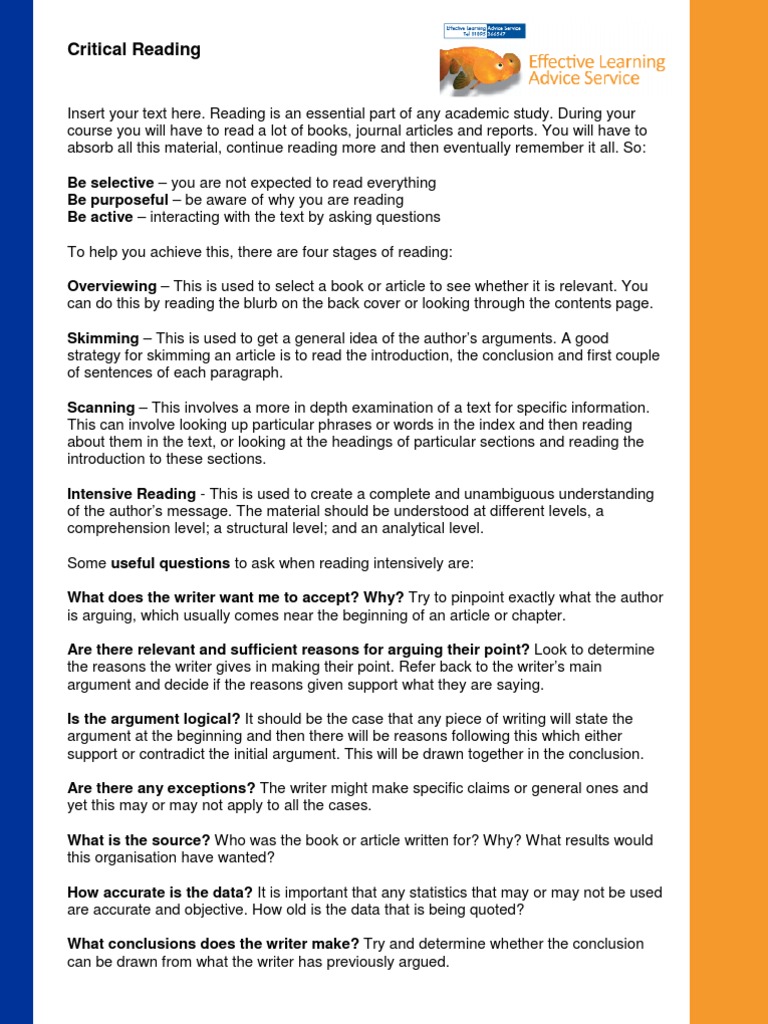 Critical Reading Skills | PDF | Speed Reading | Argument