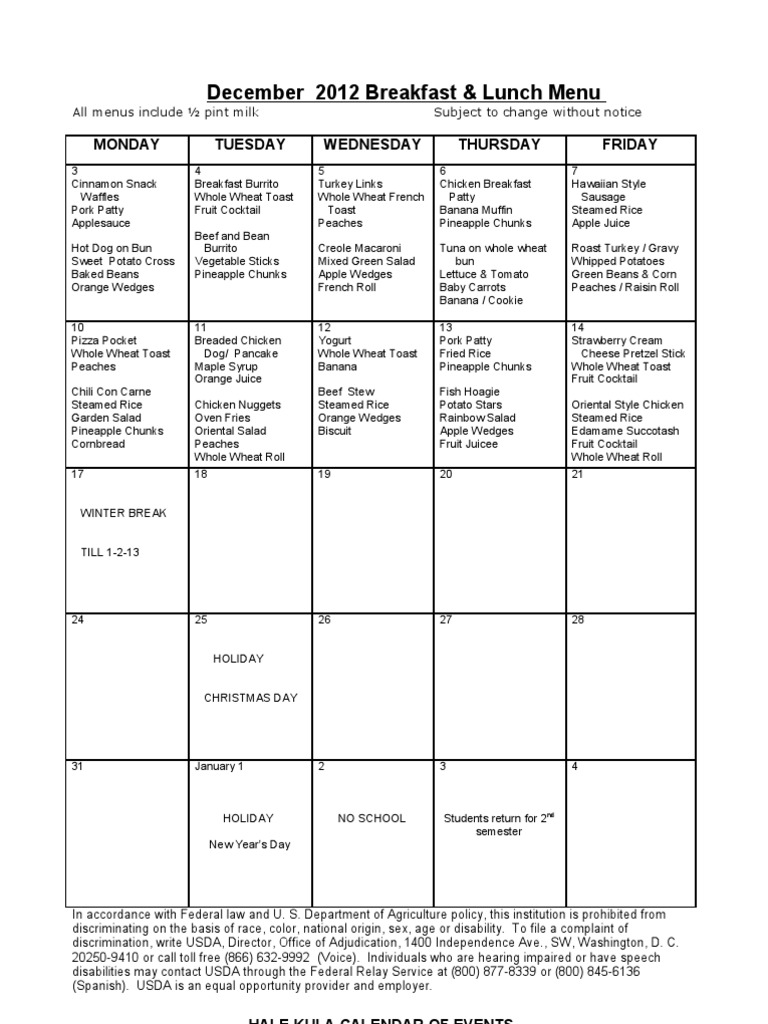 December Breakfast & Lunch Menu | PDF | Salad | Wheat