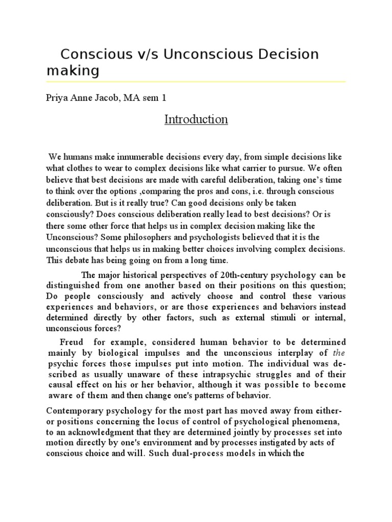 Conscious Vs Unconscious Thinking | PDF | Unconscious Mind | Thought