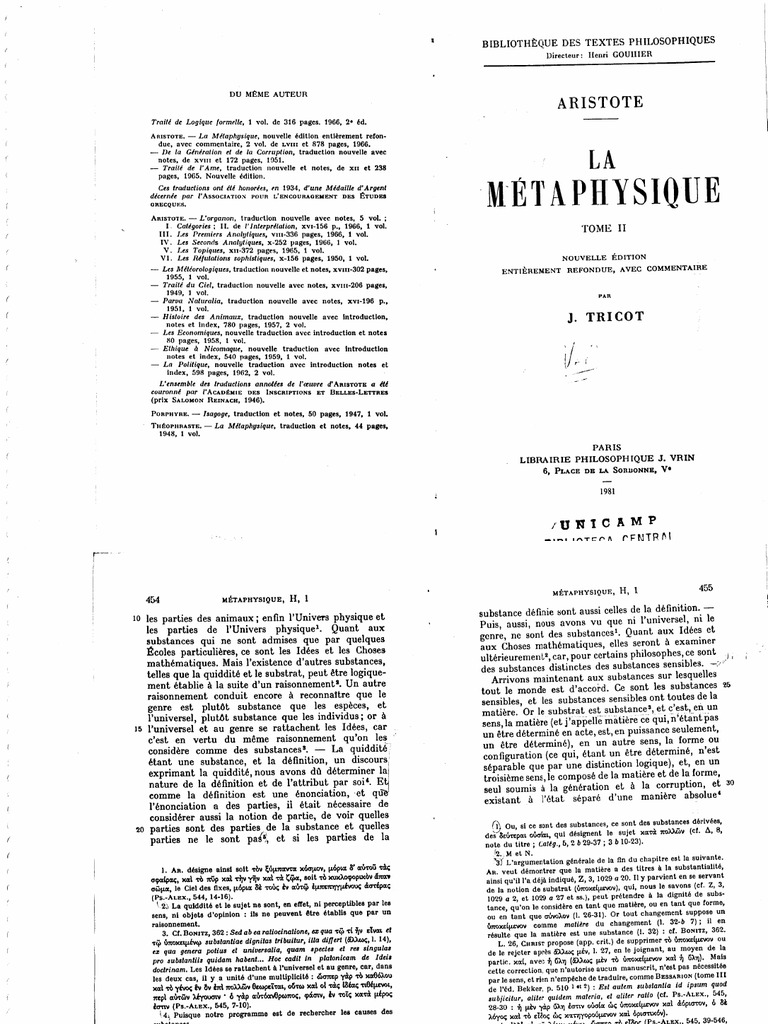 Aristote. La Metaphysique (Trad. Tricot) II - Frente | PDF