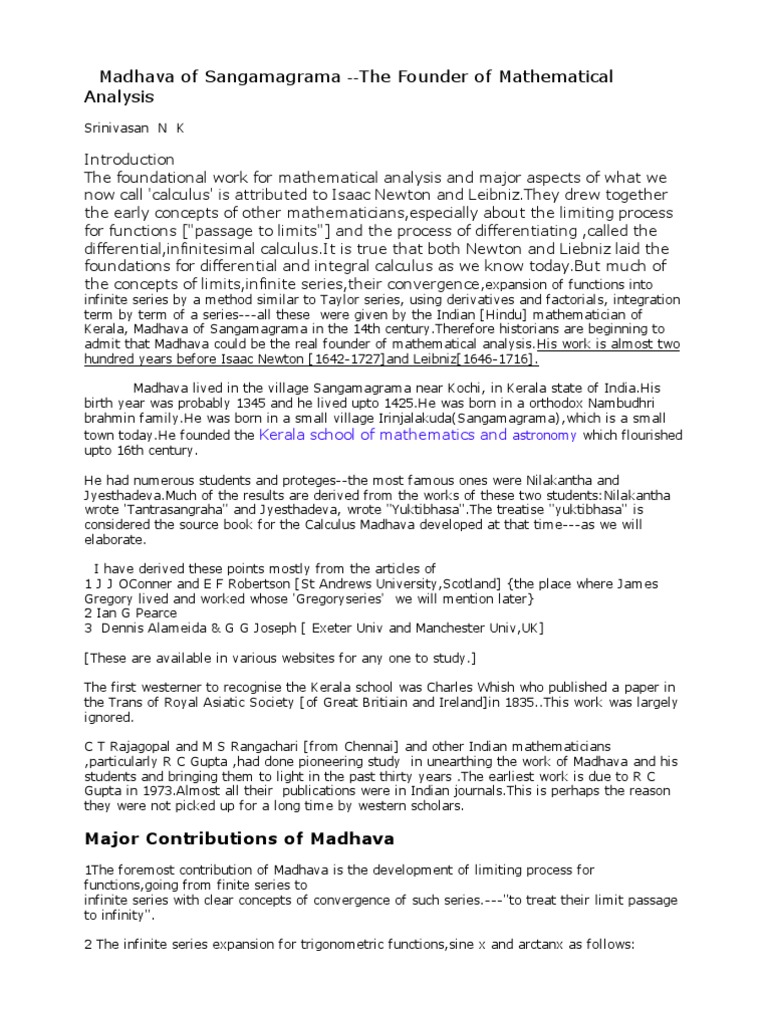 Madhava -The Founder of Math Analysis & Calculus ? | Series ...