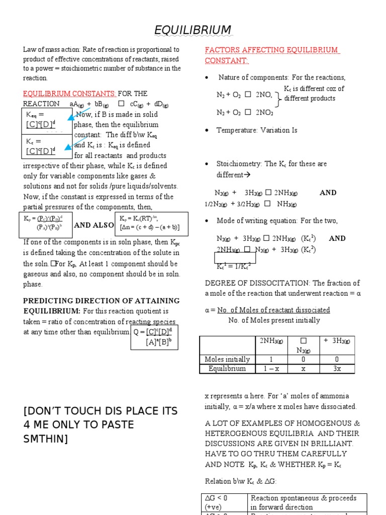 Short notes on Equilibrium | Chemical Equilibrium | Stoichiometry