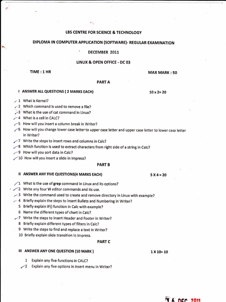 LBS DCA (S) Linux and Open Office - Previous Question Paper December ...