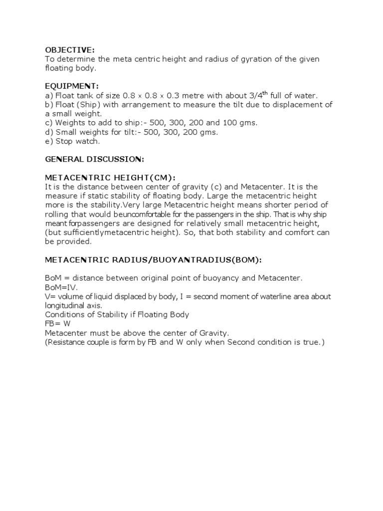 Metacentric Height Experiment Report | PDF | Applied And ...