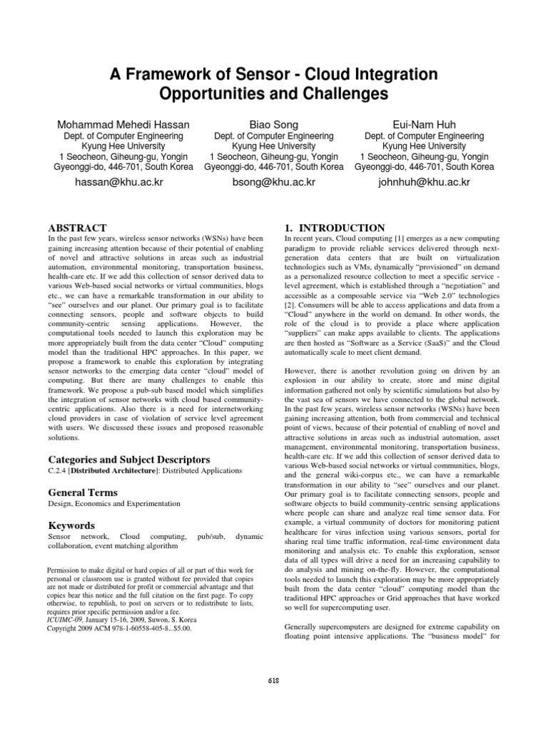 A Framework of Sensor - Cloud Integration Opportunities and Challenges | PDF | Cloud Computing ...