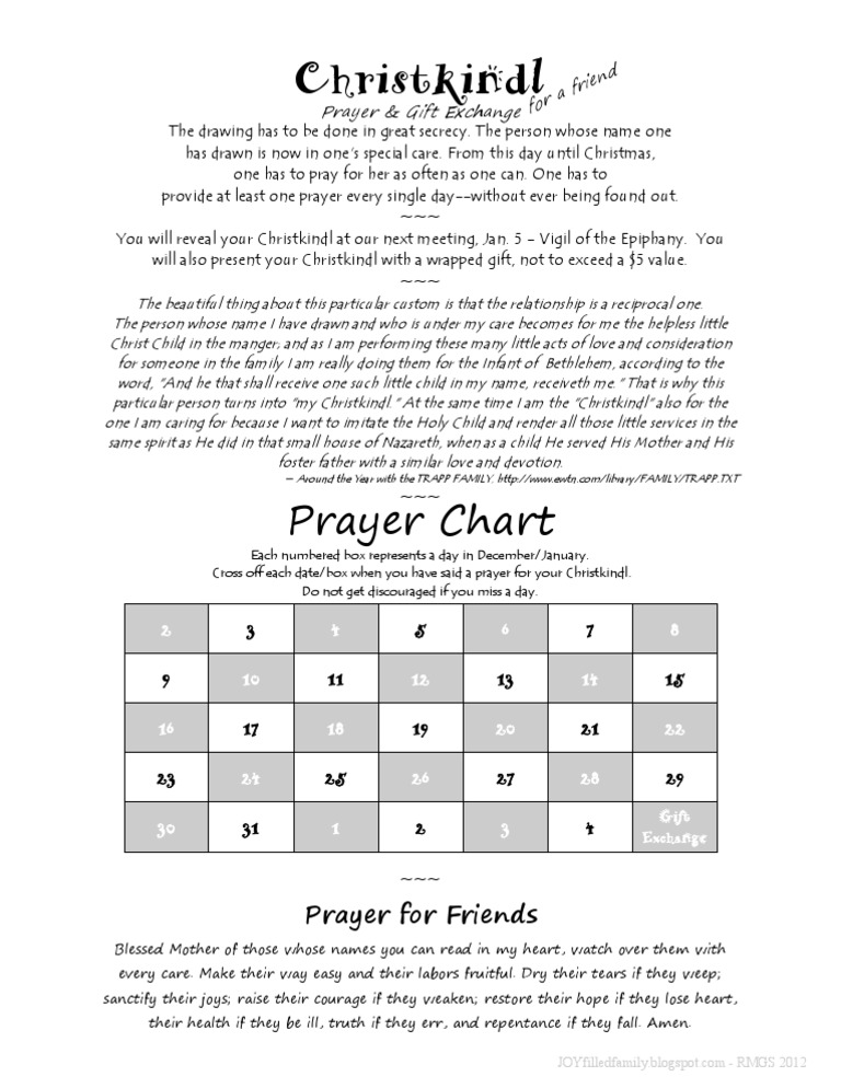 Christkindl Info Handout With Prayer Chart