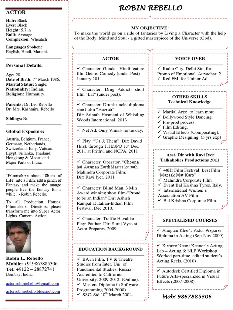 Robin Rebello's Acting CV | PDF | Entertainment