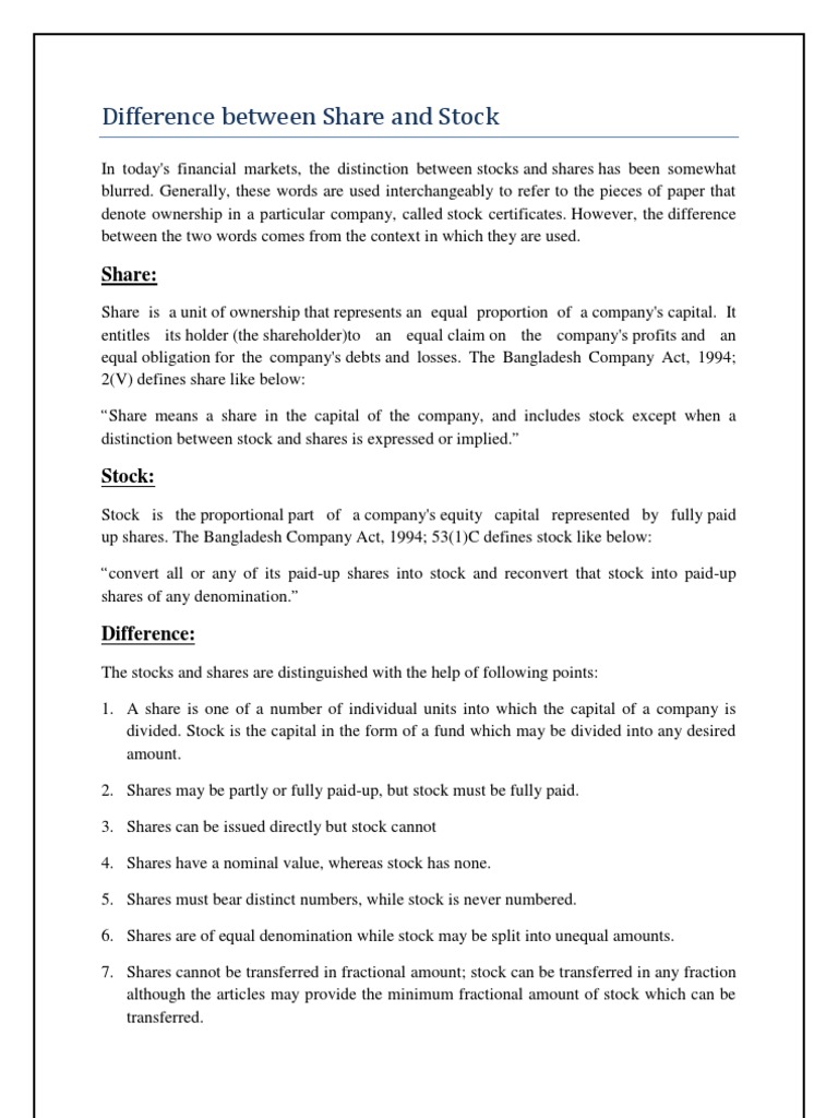 Distinction Between Shares and Stocks | PDF