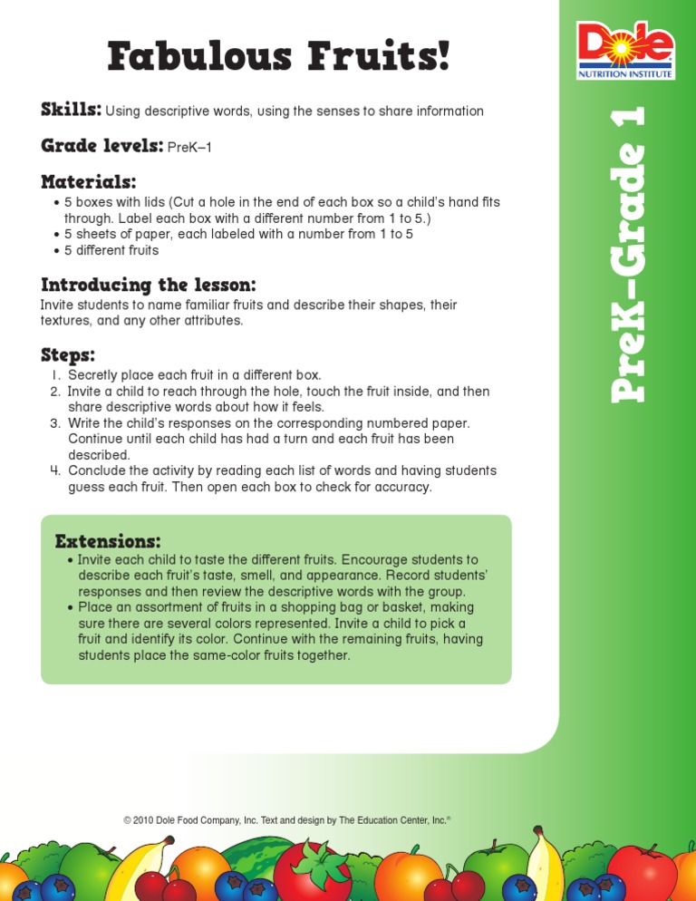 Descriptive Fruit Activity for PreK-1 | PDF | Wellness