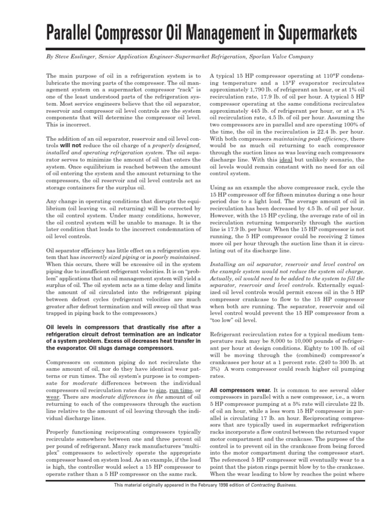Parallel Compressor Oil Management | PDF | Gas Compressor | Refrigeration