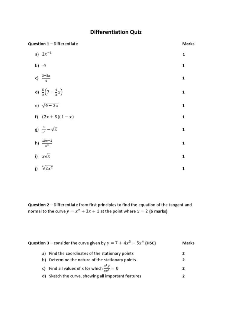 Differentiation Quiz: Question 1 - Differentiate Marks 1 1 1 | PDF