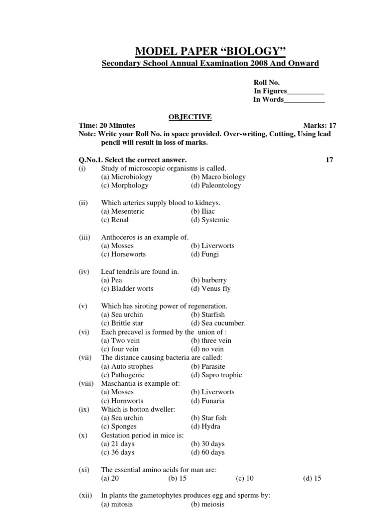 Model Paper "Biology": Secondary School Annual Examination 2008 and ...
