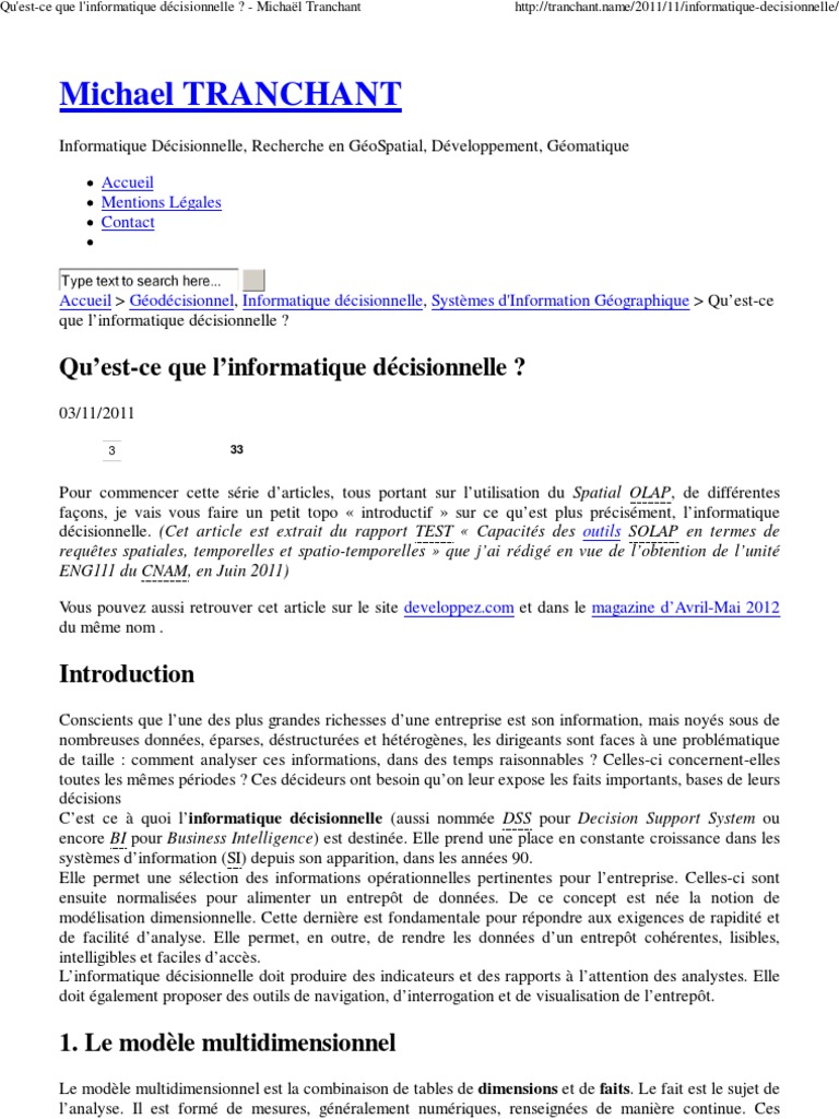 Qu'est-Ce Que L'informatique Décisionnelle - Michaël Tranchant | PDF ...