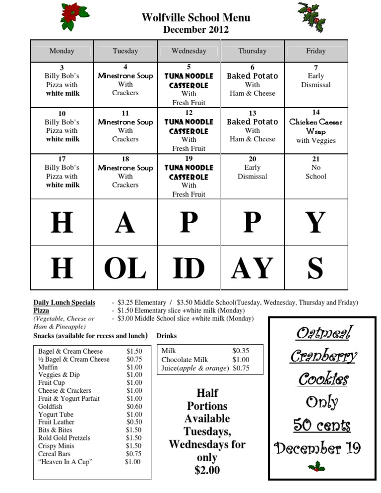 Wolfville School December Menu 2012 | PDF | Cooking, Food & Wine