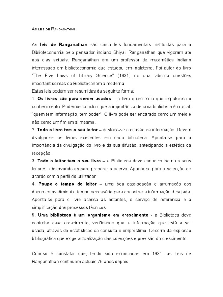 As cinco leis fundamentais da biblioteconomia de acordo com Shiyali ...