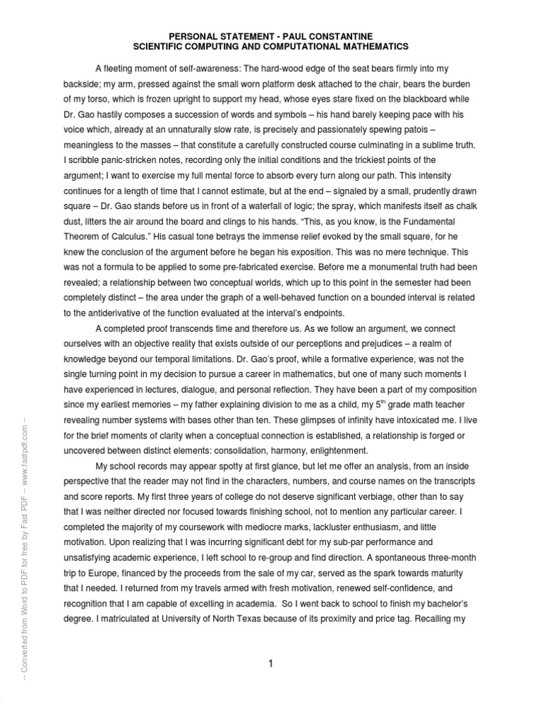 Personal Statement Stanford | PDF | Actuary | Teaching Mathematics