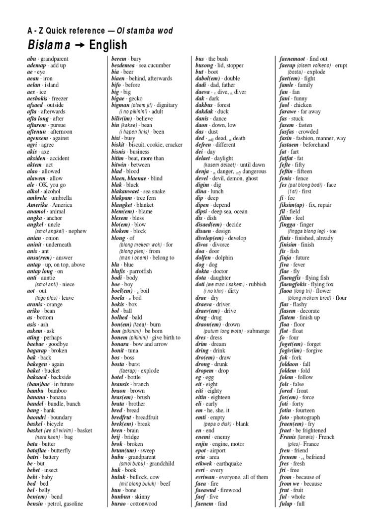 Bislama To English. Dictionary | PDF | Agriculture | Nature