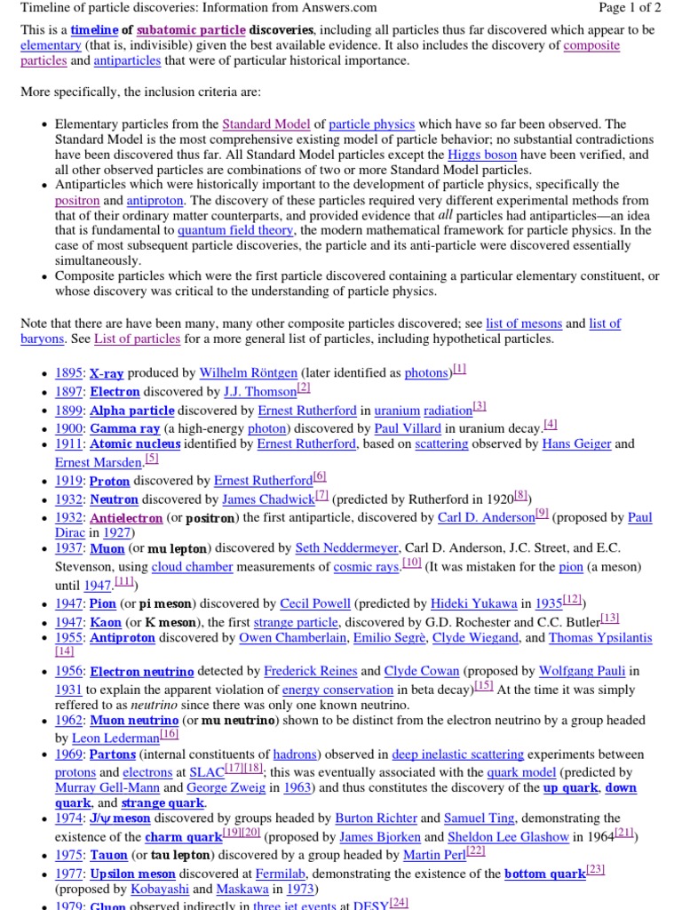 Timeline of Subatomic Particle Discoveries | PDF | Quark | Standard Model