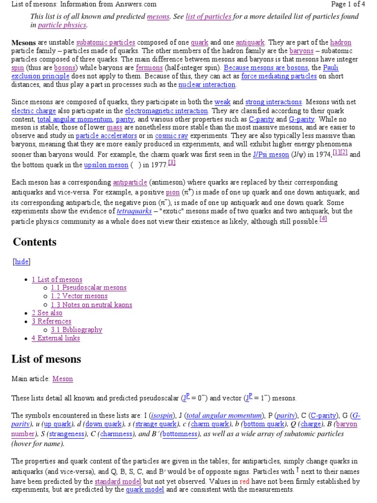 List of Mesons | PDF | Quark | Hadron