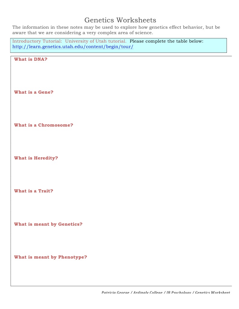 Genetics Traits And Heredity Worksheets