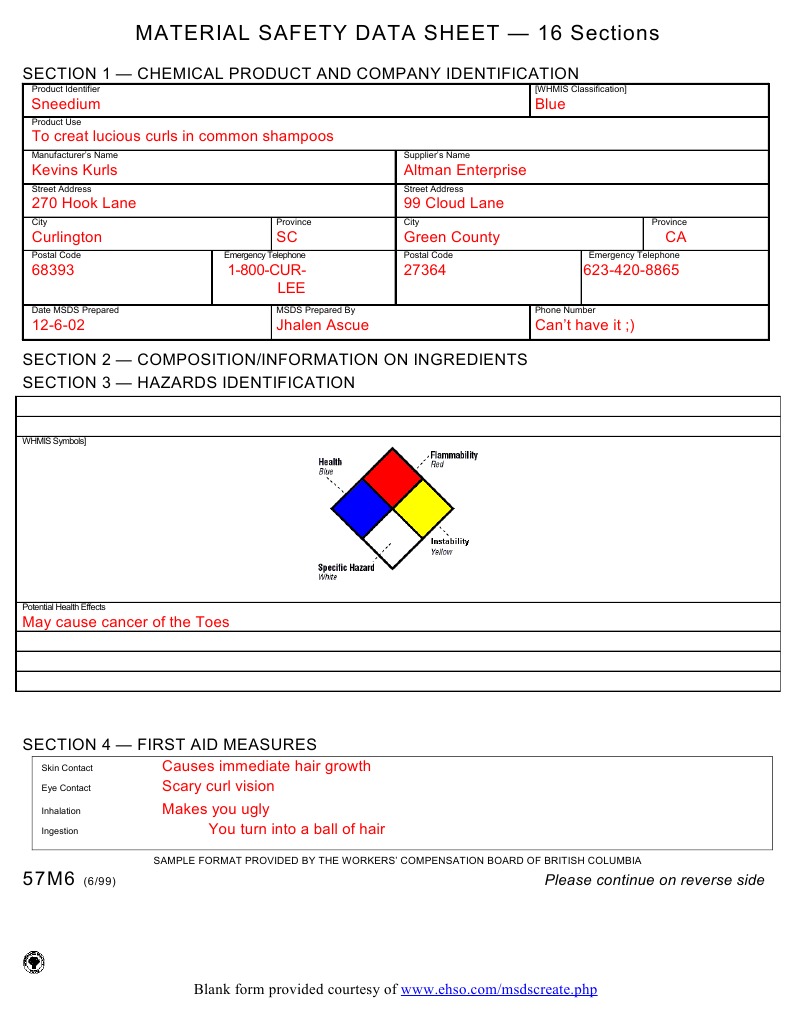 Msds Form Sneedium Completed | PDF | Safety | Occupational Safety And ...
