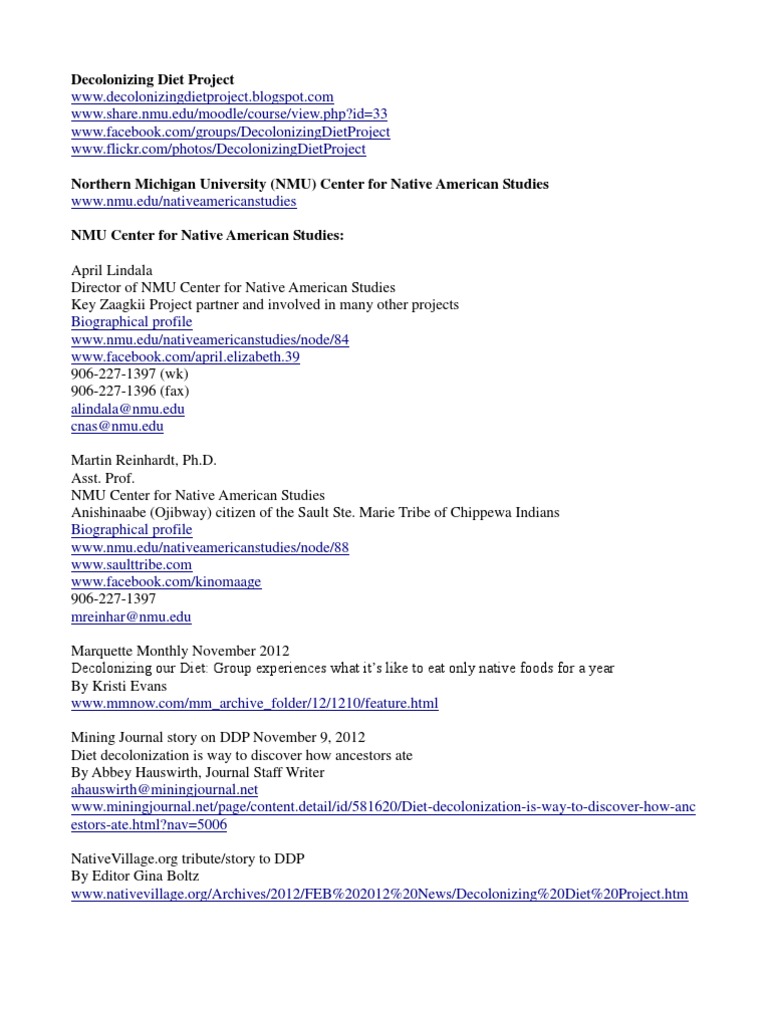 Decolonizing Diet Project (DDP) Contacts | PDF | Native Americans In ...
