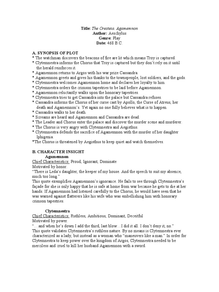 Agamemnon Book Brief | PDF | Agamemnon | Clytemnestra