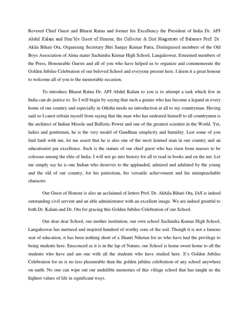 CHAIRMAN SPEECH FOR GOLDEN JUBILEE CELEBRATION