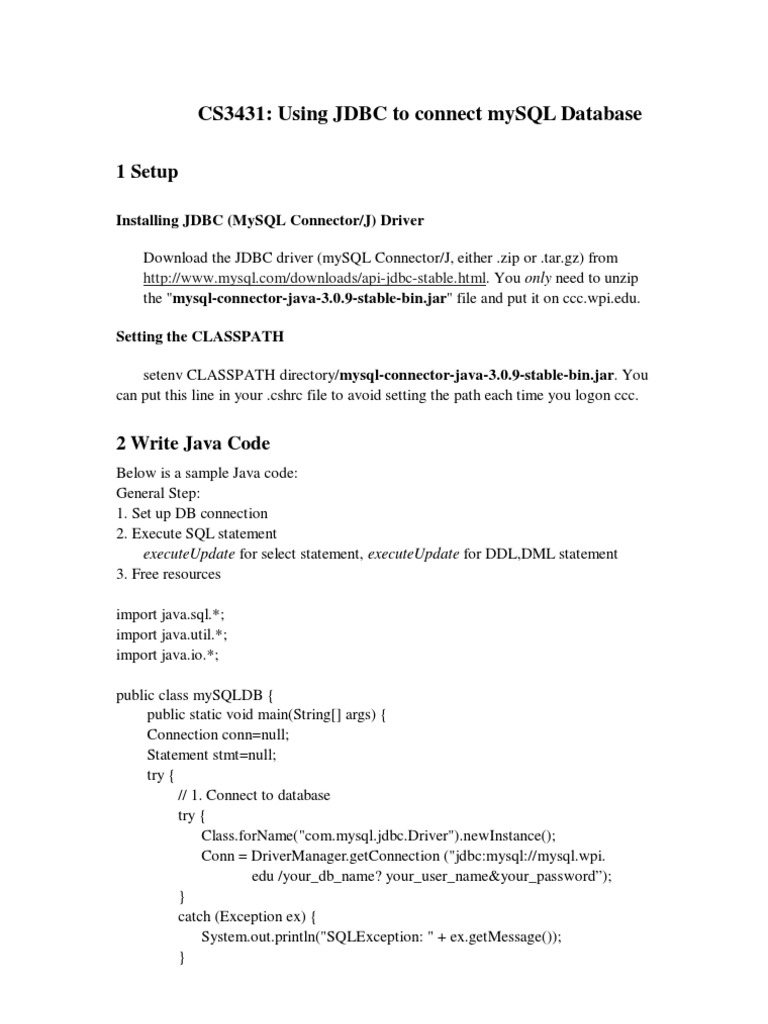 Cs3431 Using Jdbc To Connect Mysql Database 1 Setup Pdf