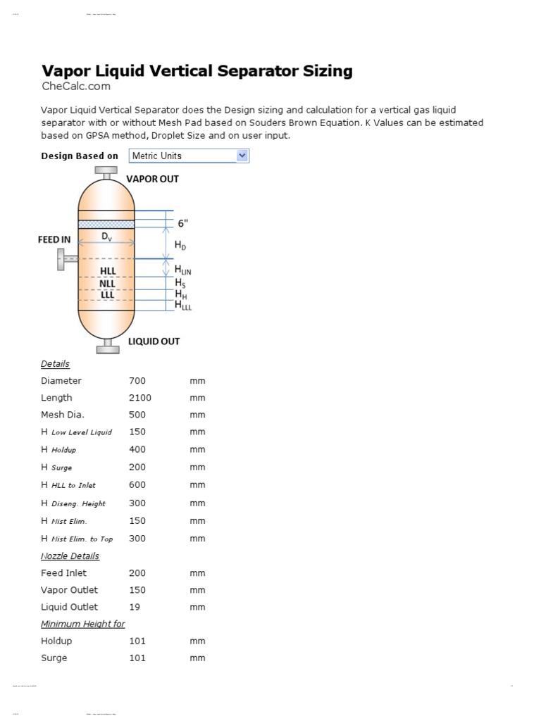 CheCalc - Vapor Liquid Vertical Separator Sizing | PDF