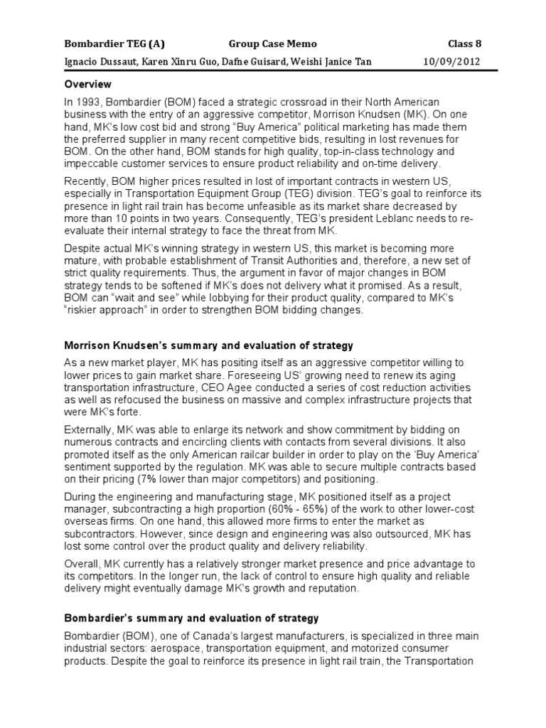 Bombardier Case Memo LATASIA | PDF | Strategic Management | Outsourcing