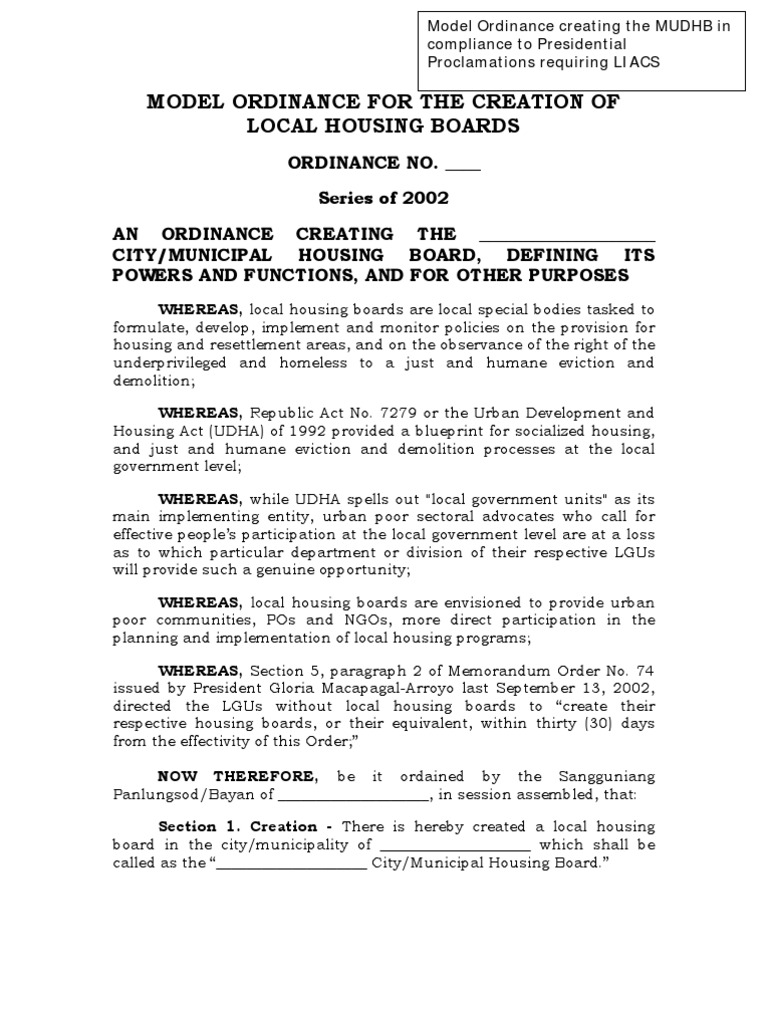 Local Housing Board (LHB) Model Ordinance No. 3 | Download Free PDF ...