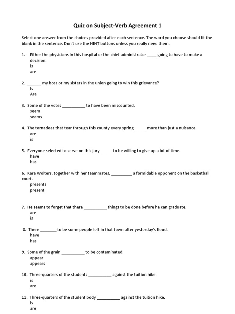 Quiz On Subject Verb Agreement | PDF