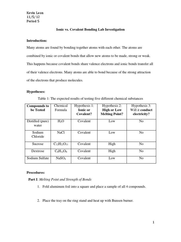 Ionic vs. Covalent Bonding Lab Investigation | PDF | Ionic Bonding ...