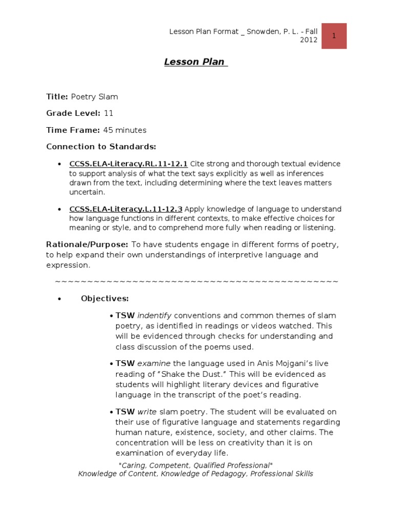 Lesson Plan 2- EnG 11 Poetry | Lesson Plan | Poetry
