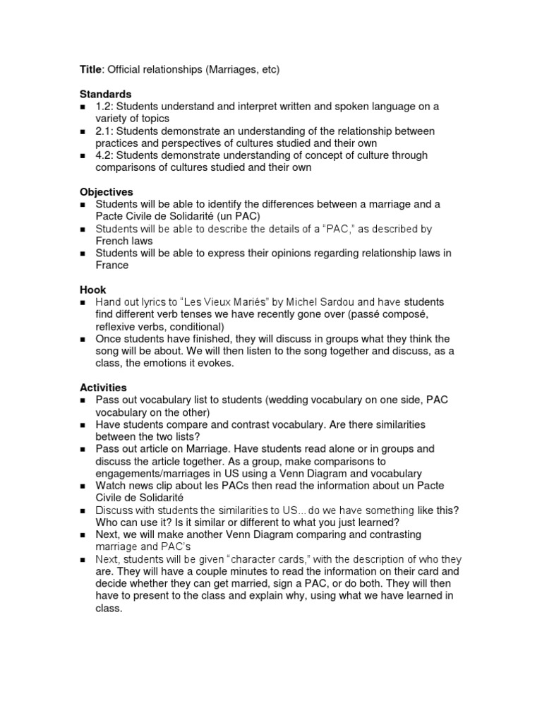 FRE 496 40 Minute Lesson Plan | PDF | Marriage | Lesson Plan