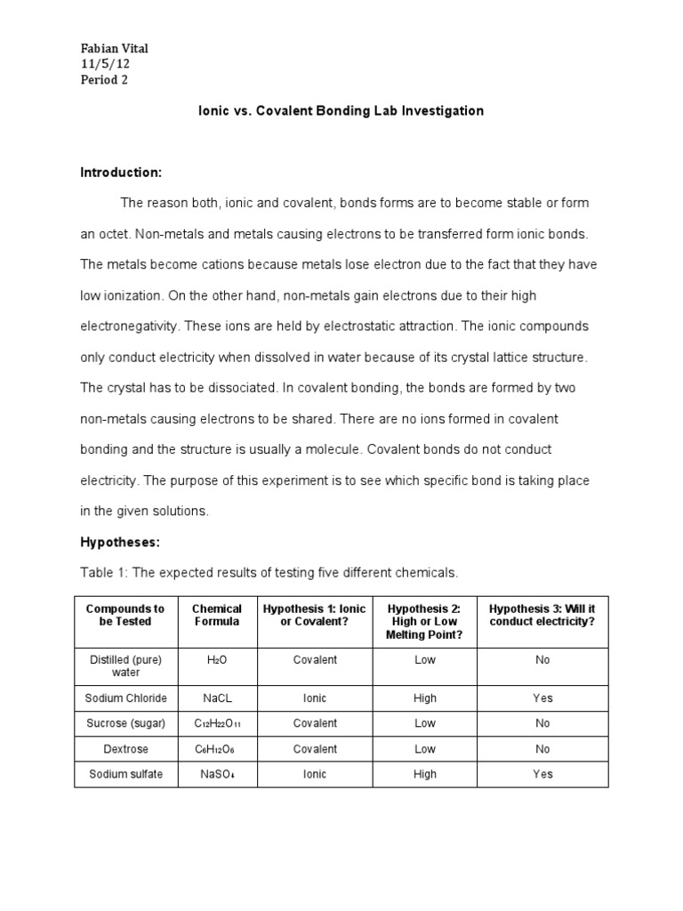 Ionic vs. Covalent Bonding Lab Investigation | PDF | Ionic Bonding ...