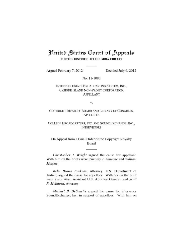 Intercollegiate Broadcasting System V Copyright Royalty Board and ...