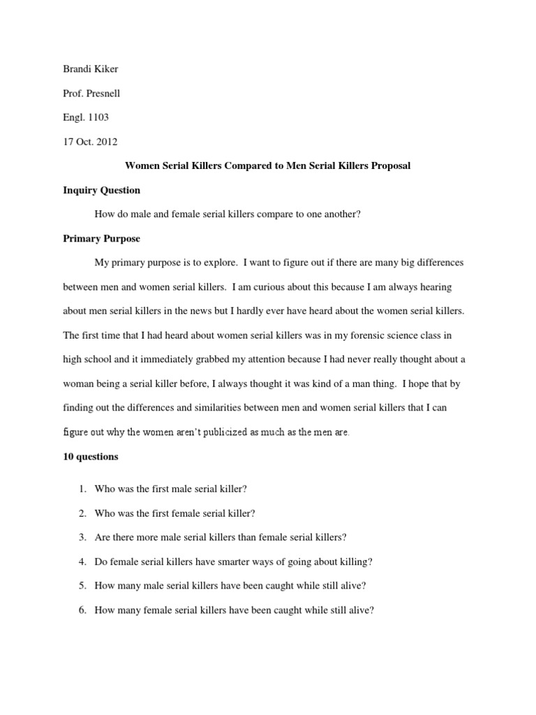 Women Serial Killers Compared To Men Serial Killers Proposal Inquiry ...