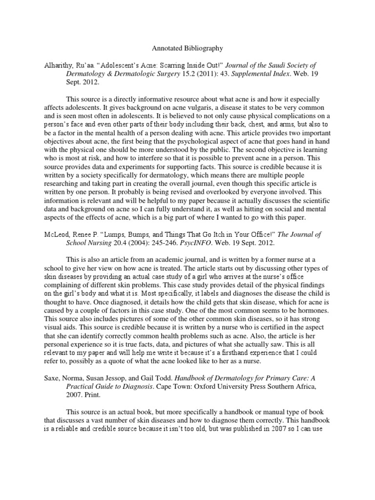 Annotated Bibliography Final Draft | PDF | Acne Vulgaris | Adolescence