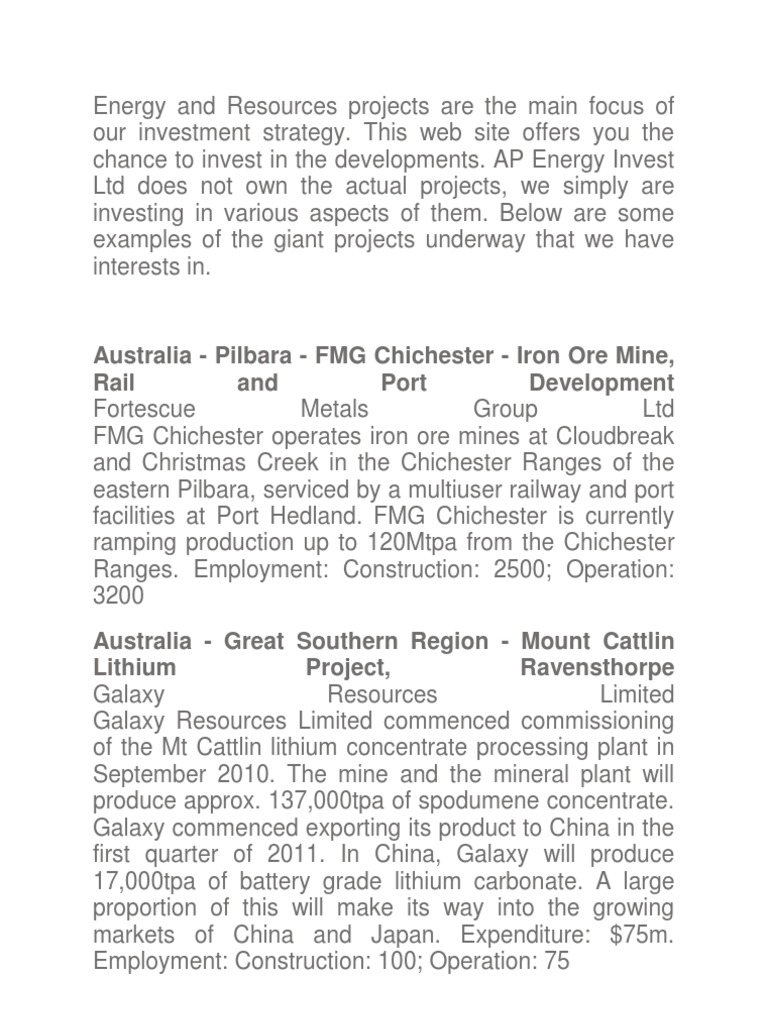 Energy and Resources Projects Are The Main Focus of Our Investment ...